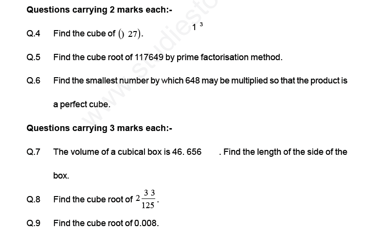 CBSE Class 8 Mathematics Cubes and Cube Roots Assignment Set B